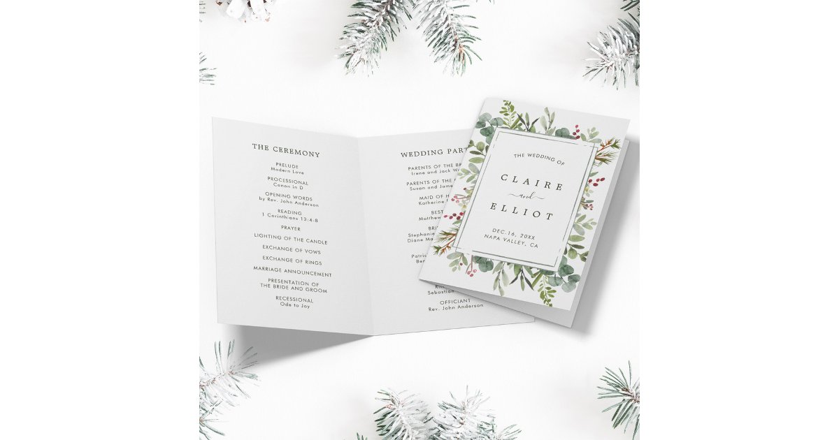 Botanical Greenery Christmas Green Wedding Program | Zazzle