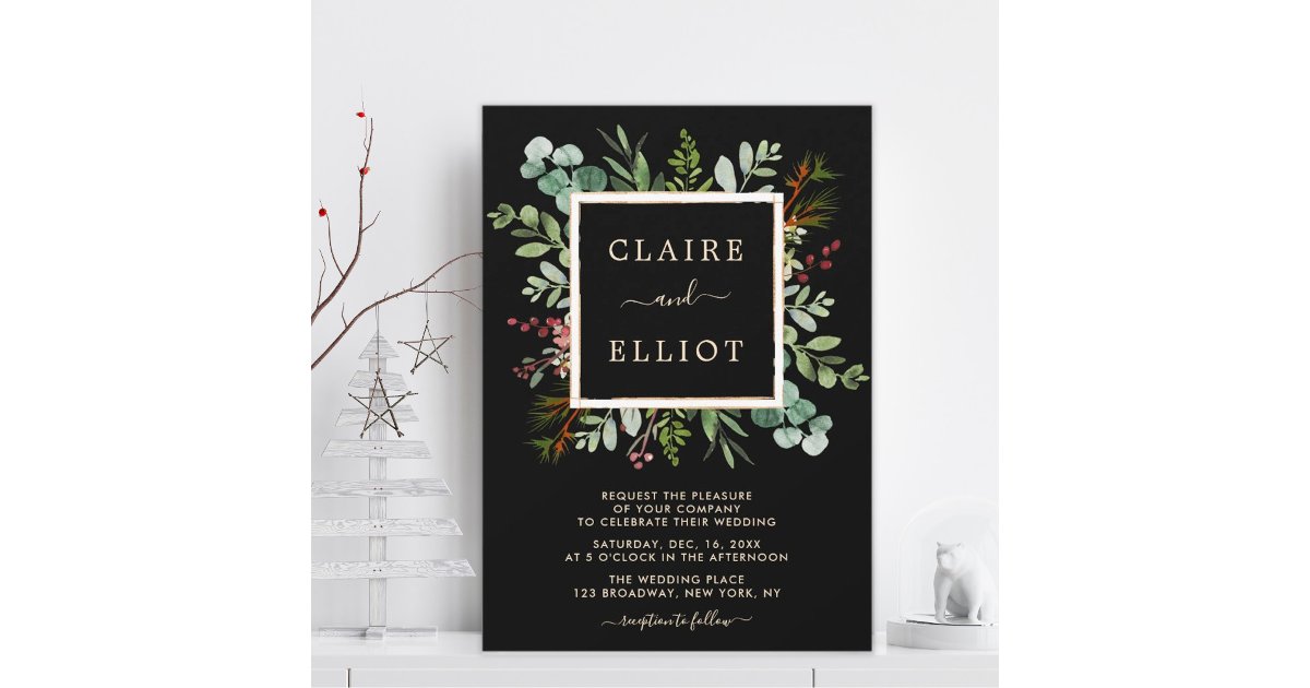 Botanical Greenery Christmas Holiday Black Wedding Invitation | Zazzle
