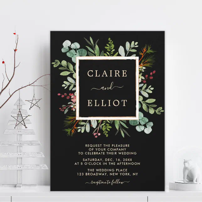 Botanical Greenery Christmas Holiday Black Wedding Invitation | Zazzle