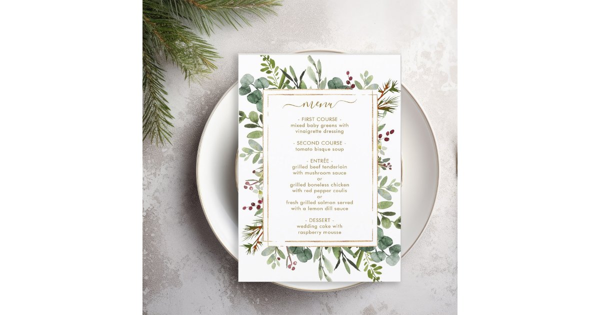 Botanical Greenery Christmas Holiday Gold Wedding Menu | Zazzle