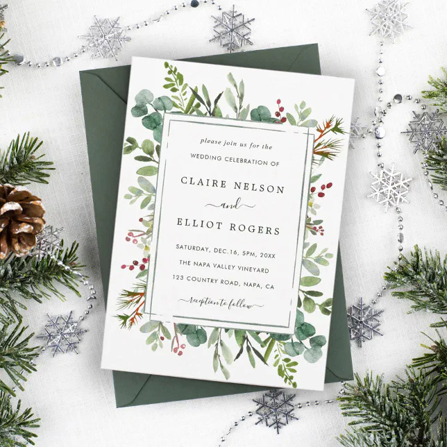 Botanical Greenery Christmas Holiday Green Wedding Invitation | Zazzle
