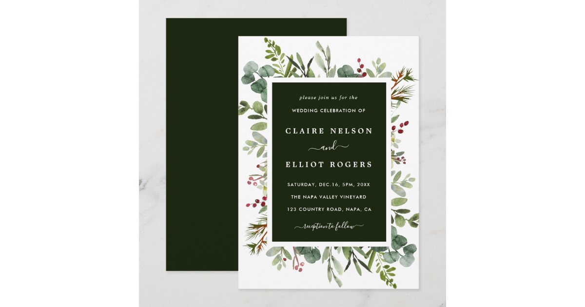 Botanical Greenery Christmas Holiday Green Wedding Invitation | Zazzle