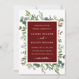 Botanical Greenery Christmas Holiday Red Wedding Invitation | Zazzle