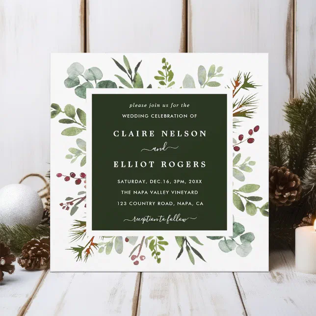 Botanical Greenery Christmas Wedding Square Invitation | Zazzle