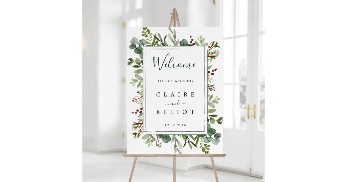 Botanical Greenery Christmas Wedding Welcome Sign | Zazzle