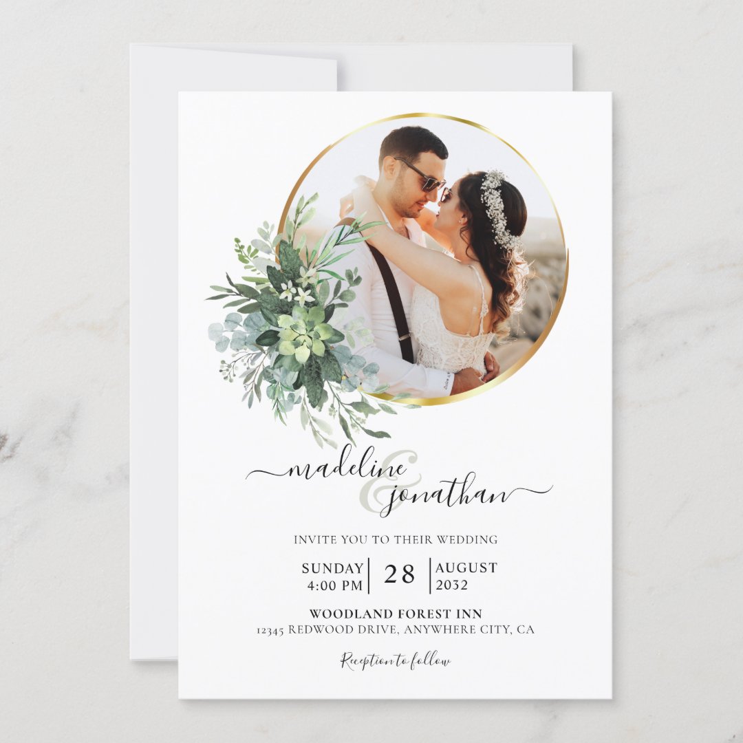 Botanical Greenery Circle Border 2 Photo Wedding Invitation | Zazzle