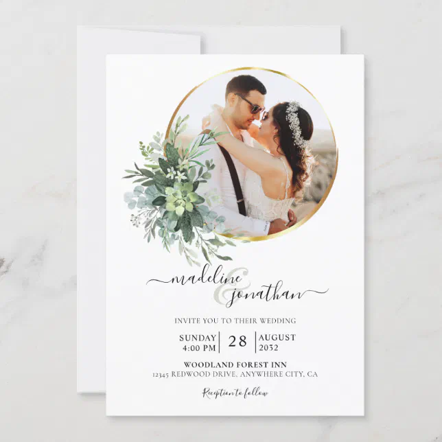 Botanical Greenery Circle Border 2 Photo Wedding Invitation | Zazzle