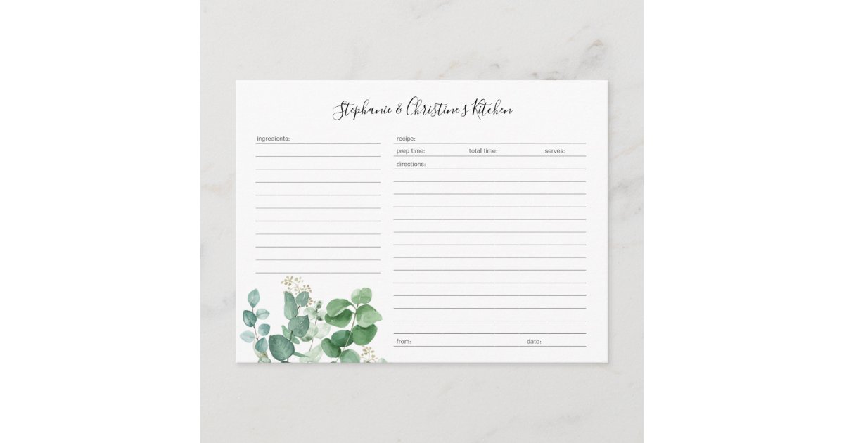 Botanical Greenery Editable Recipe Card template | Zazzle