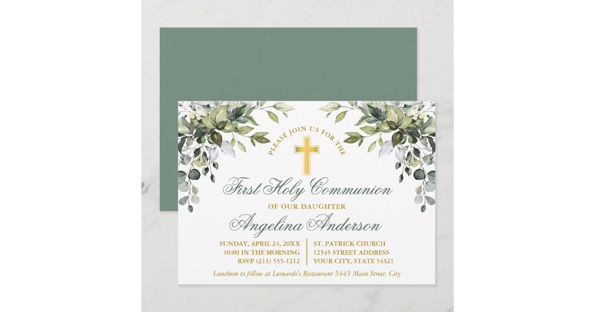 Botanical Greenery First Communion Sage Green Invitation | Zazzle