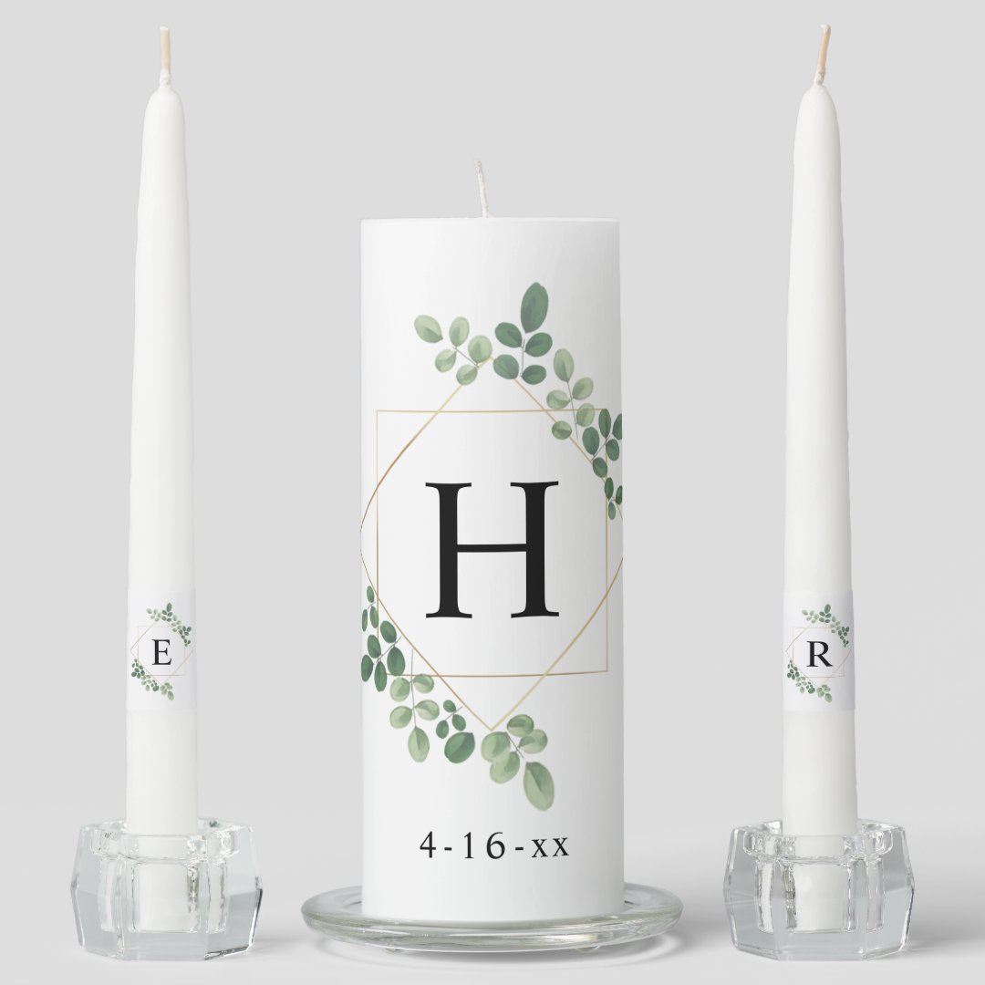 Botanical Greenery Geometric Monogram Wedding Date Unity Candle Set ...