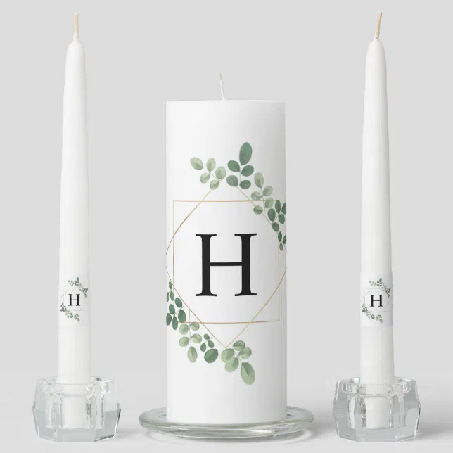 Botanical Greenery Geometric Monogrammed Wedding Unity Candle Set | Zazzle