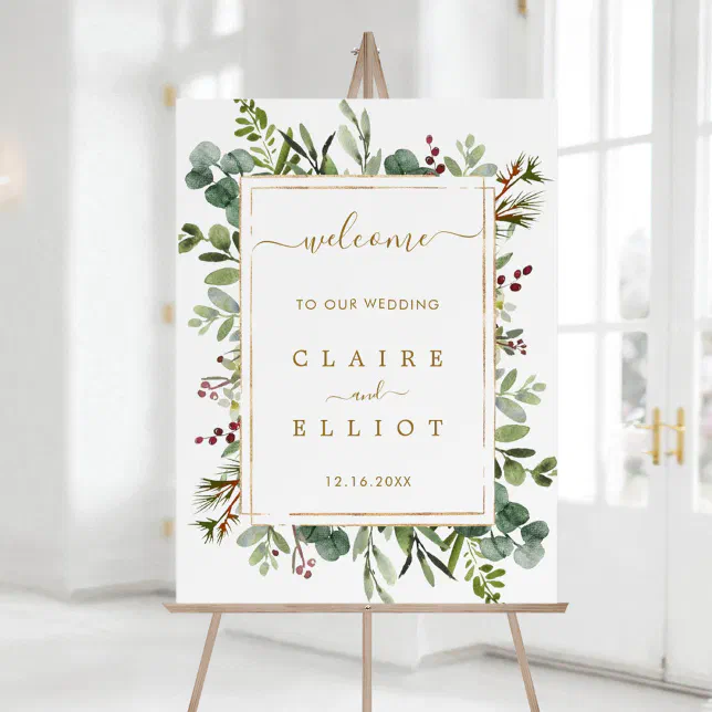 Botanical Greenery Holiday Gold Wedding Welcome Foam Board | Zazzle