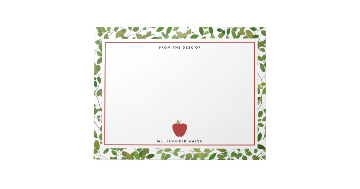 Botanical Greenery Red Apple Teacher Notepad | Zazzle