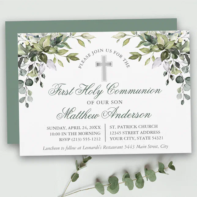 Botanical Greenery Sage Green First Communion Invitation | Zazzle