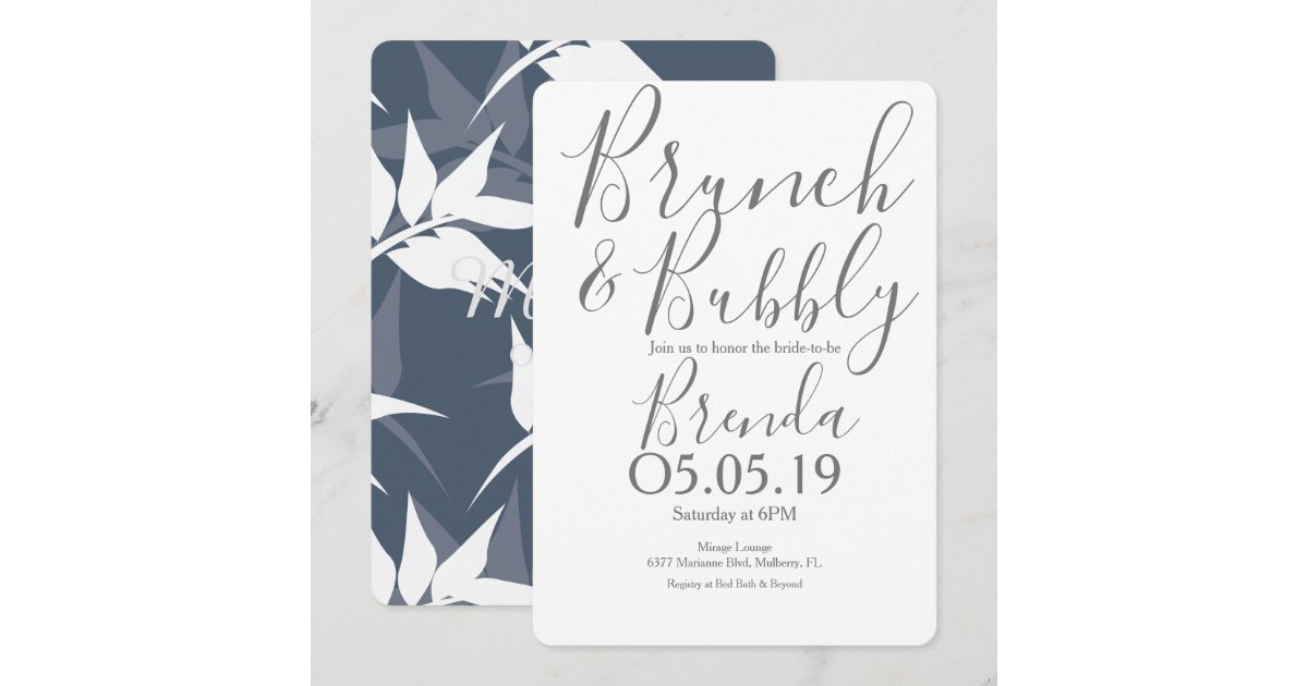 Botanical Leaf Pattern Navy Blue Brunch Wedding Invitation | Zazzle