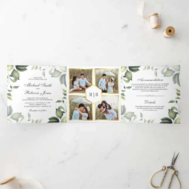 Botanical Leaves Foliage Photo Collage Wedding Tri-Fold Invitation | Zazzle
