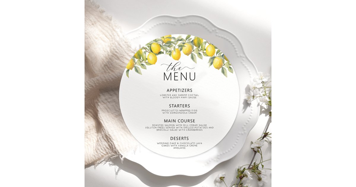 Botanical Lemon Citrus Wedding Round Flat Menu | Zazzle