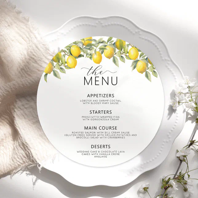 Botanical Lemon Citrus Wedding Round Flat Menu | Zazzle