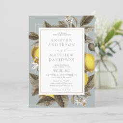 Botanical Lemon Leaves Wedding Dusty Blue Invitation | Zazzle