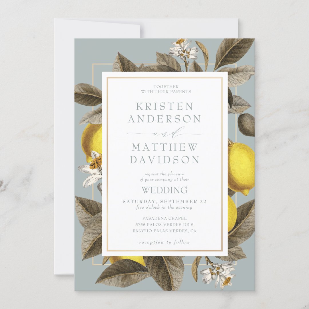 Botanical Lemon Leaves Wedding Dusty Blue Invitation | Zazzle