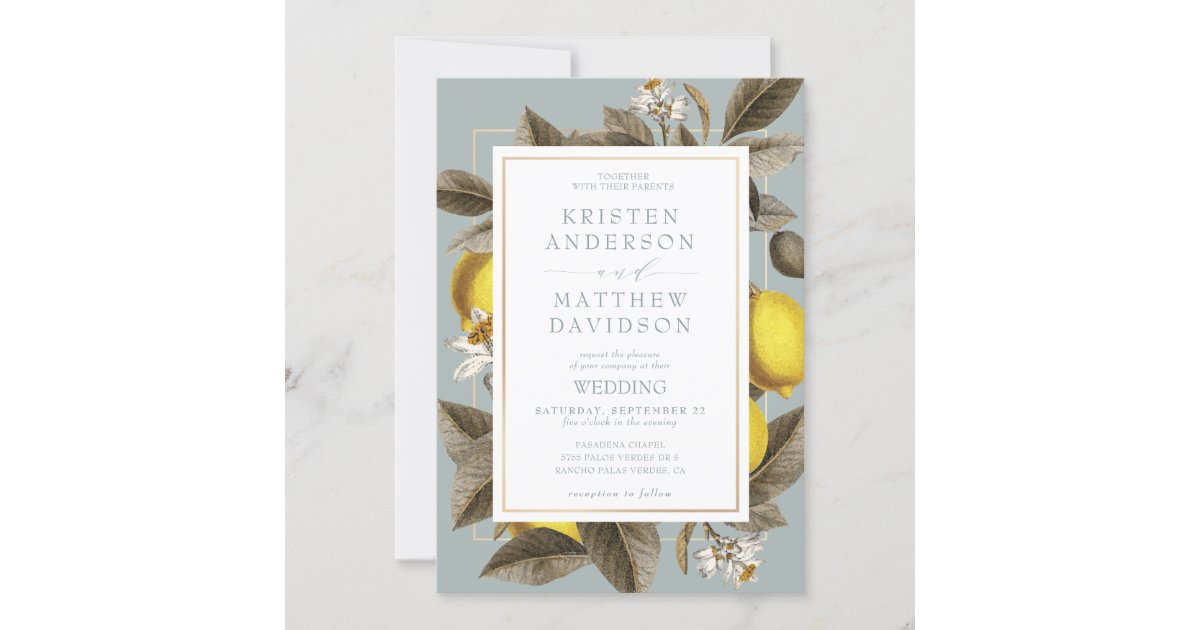 Botanical Lemon Leaves Wedding Dusty Blue Invitation | Zazzle