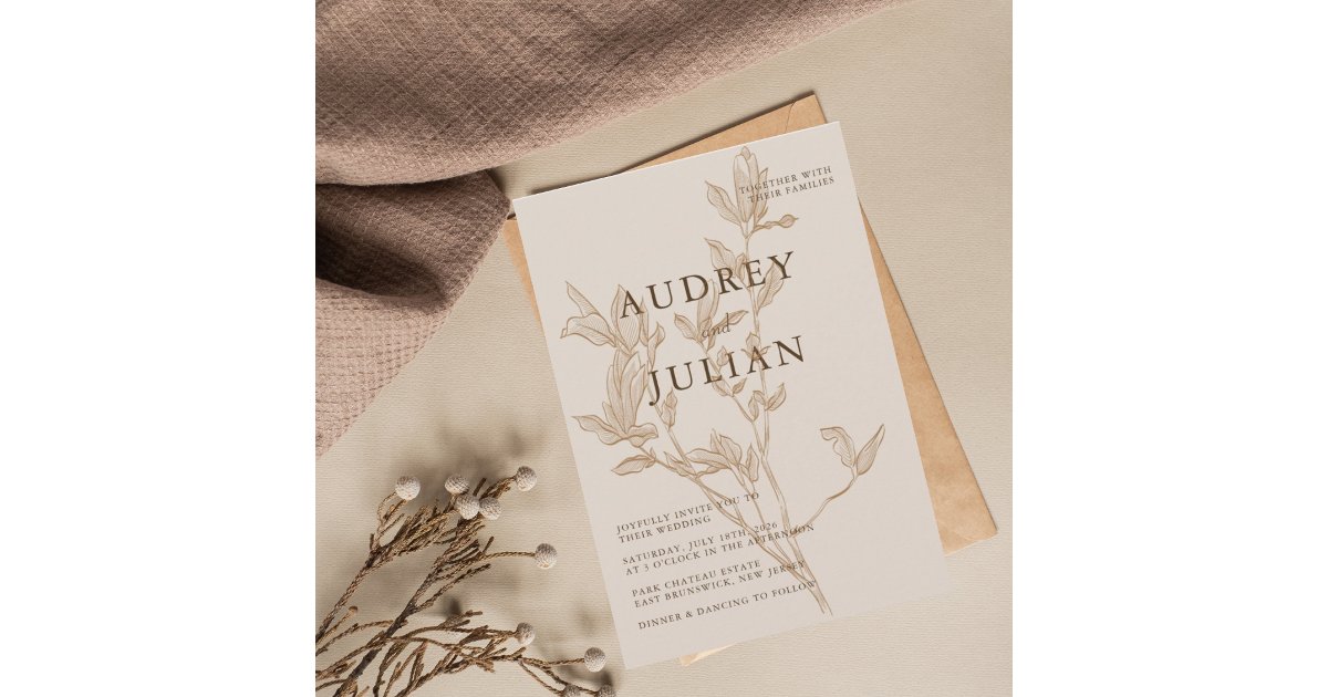 Botanical Mocha Leaf Wedding Invitation | Zazzle