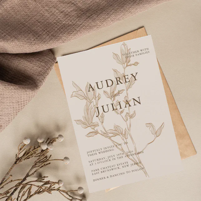 Botanical Mocha Leaf Wedding Invitation | Zazzle