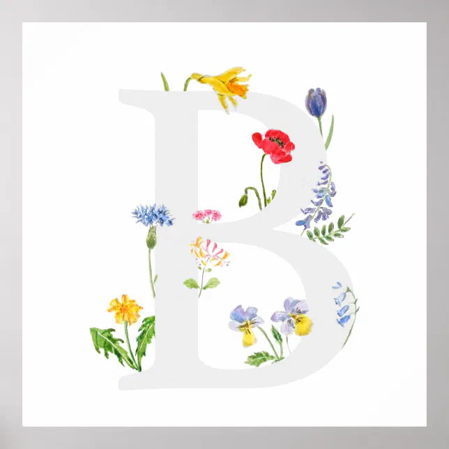 botanical monogram alphabet b wildflowers poster | Zazzle