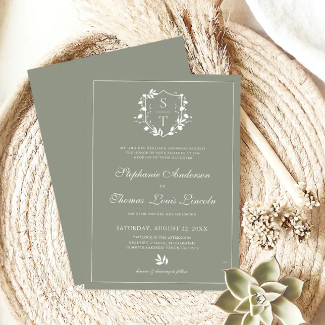 Botanical Monogram Crest Sage Green Wedding Invitation | Zazzle