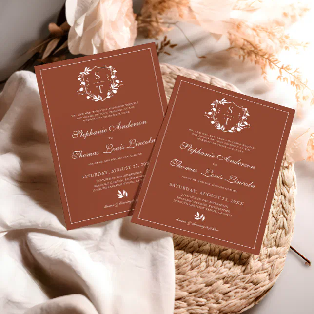 Botanical Monogram Crest Terracotta Wedding Invitation | Zazzle