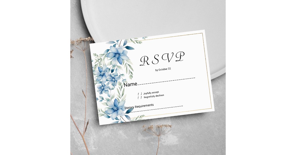 Botanical navy blue mint floral RSVP Invitation | Zazzle