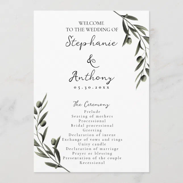 Botanical Olive Branch Leaves Italian Wedding Program | Zazzle