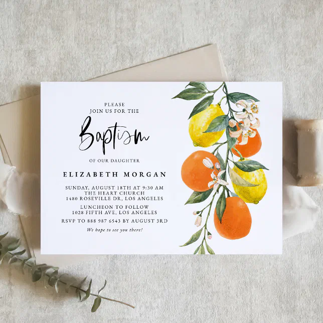 Botanical Orange and Lemon Garland Baptism Invitation | Zazzle