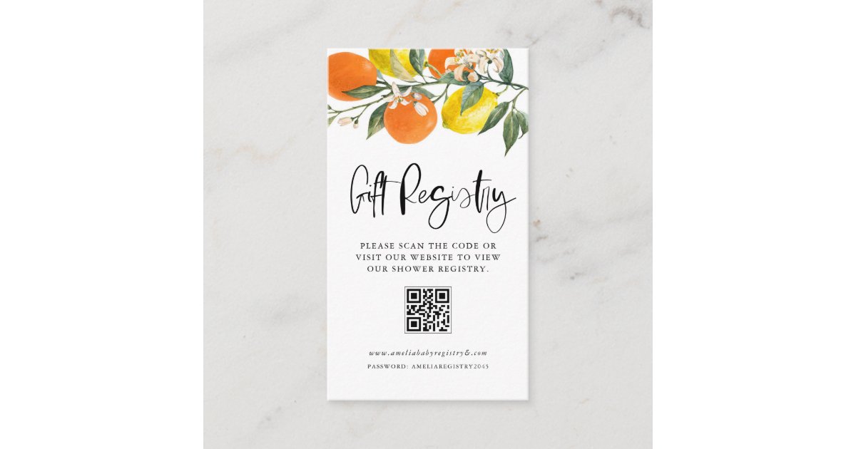 Botanical Orange and Lemon QR Code Registry Enclosure Card | Zazzle