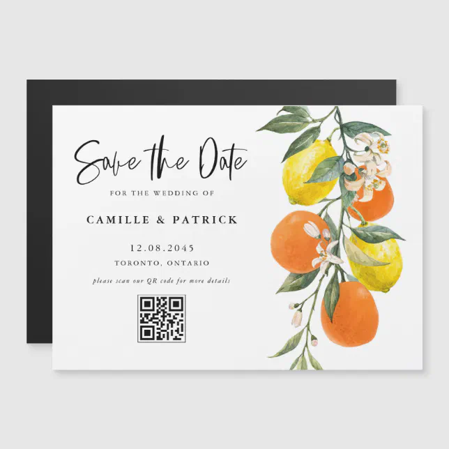 Botanical Orange and Lemon QR Code Save the Date Magnetic Invitation ...