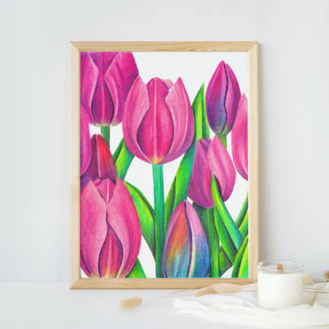 Botanical Pink Tulips Drawing Poster | Zazzle