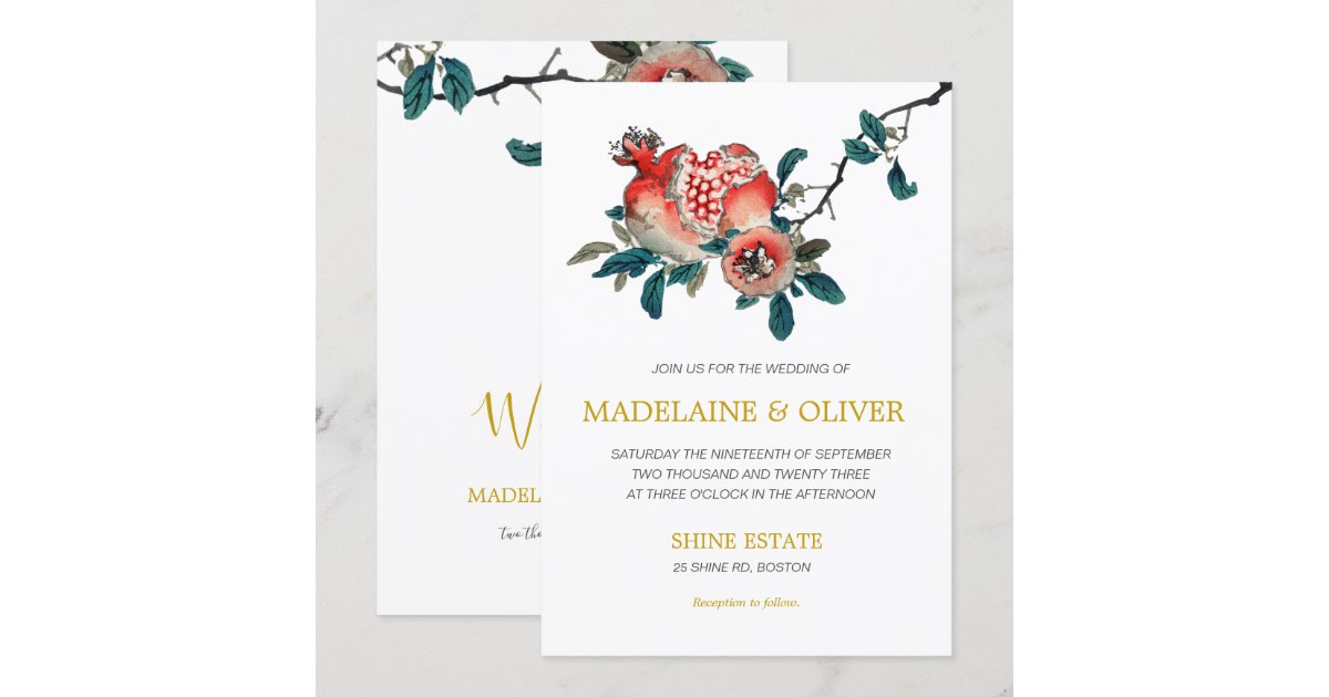 Botanical Pomegranate Elegant Gold Wedding Invitation | Zazzle