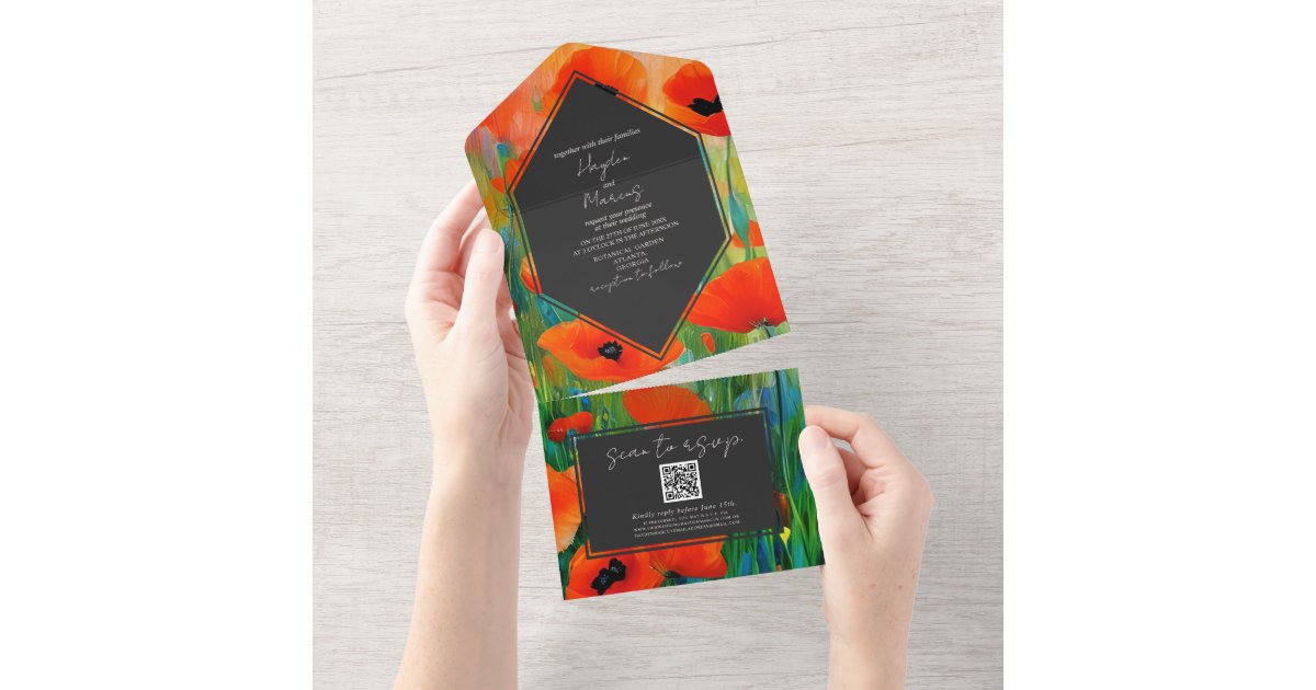 Botanical Poppies Floral Wedding RSVP QR All In One Invitation | Zazzle