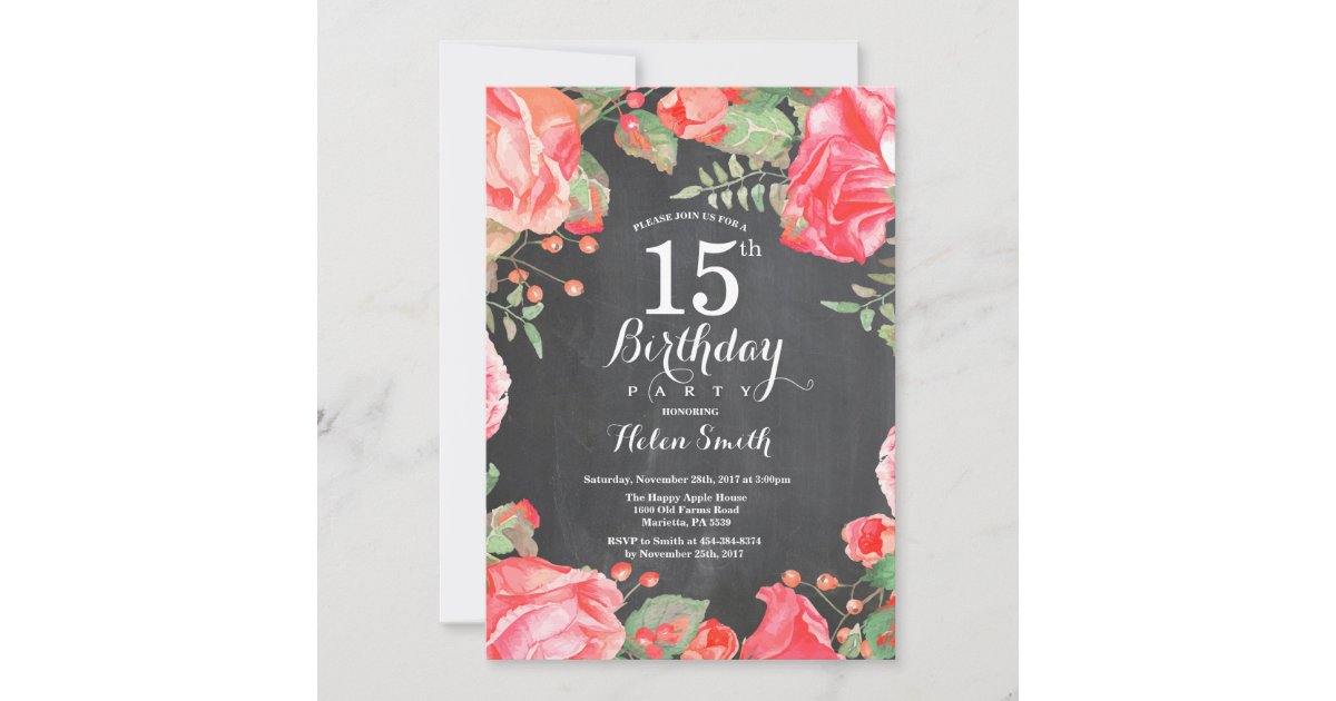 Botanical Red Floral 15th Birthday Invitation | Zazzle