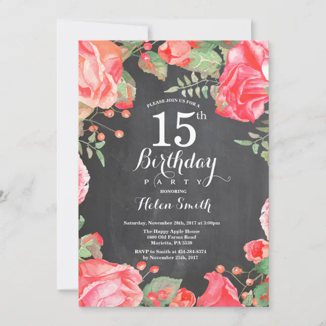 Botanical Red Floral 15th Birthday Invitation | Zazzle