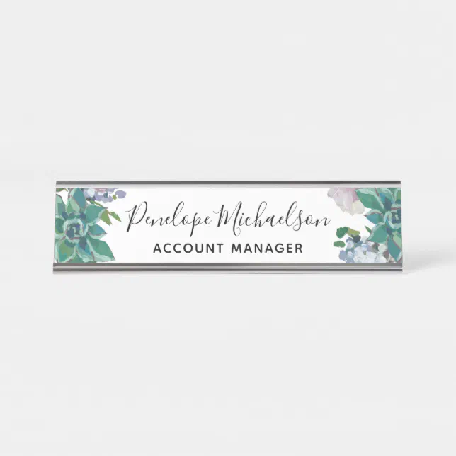 Botanical Succulent with Floral, Name, and Title Desk Name Plate | Zazzle