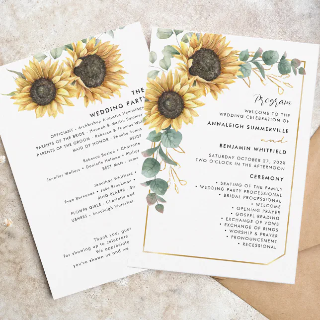 Botanical Sunflower Greenery Wedding Program | Zazzle