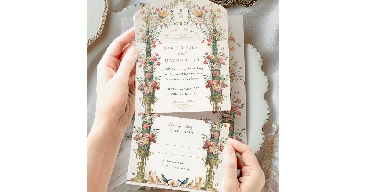 Botanical Victorian Bliss Wedding Perforated RSVP All In One Invitation ...