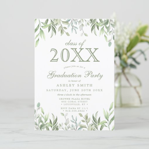 Botanical Watercolor Greenery Leaves Graduation Invitation | Zazzle