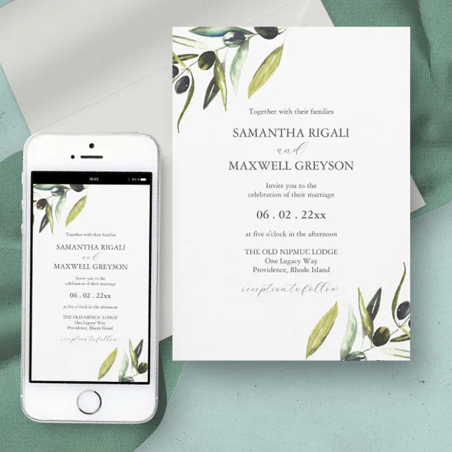 Botanical Watercolor Olive Branch Wedding Invitation | Zazzle