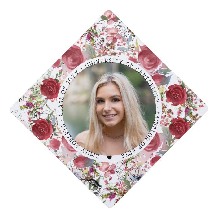 Botanical Watercolor Red Floral Photo Graduation Graduation Cap Topper ...