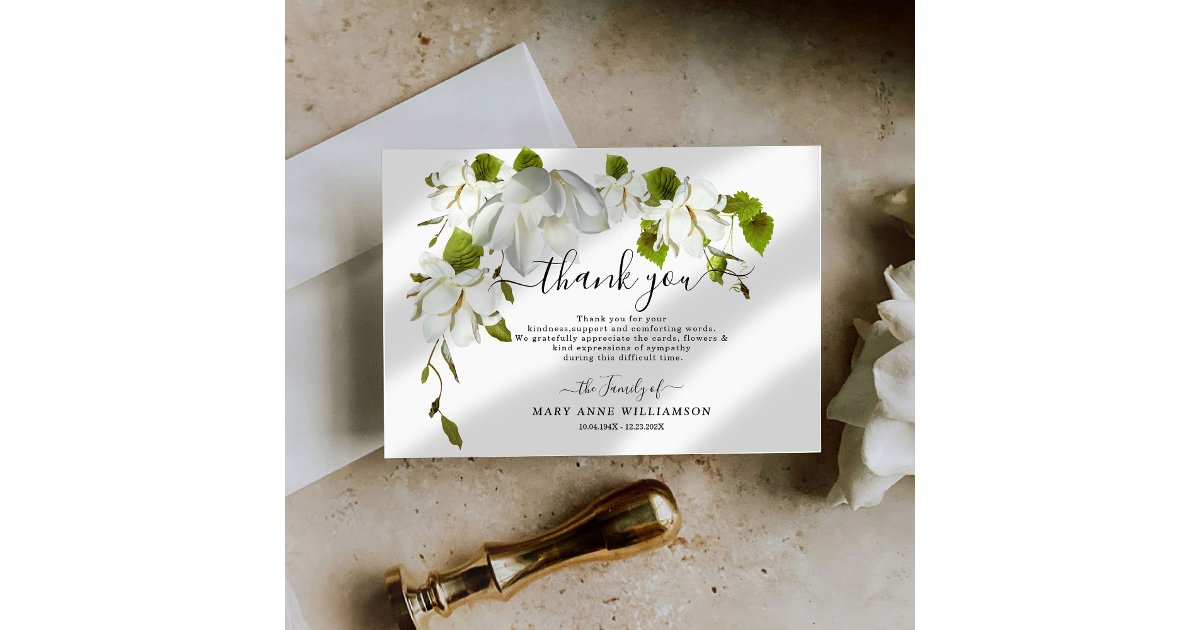 Botanical White Flowers Funeral Thank You Card | Zazzle