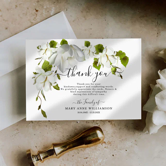 Botanical White Flowers Funeral Thank You Card | Zazzle