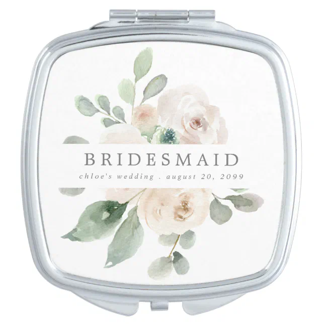 Botanical White Rose Floral Bridesmaid Wedding Compact Mirror | Zazzle