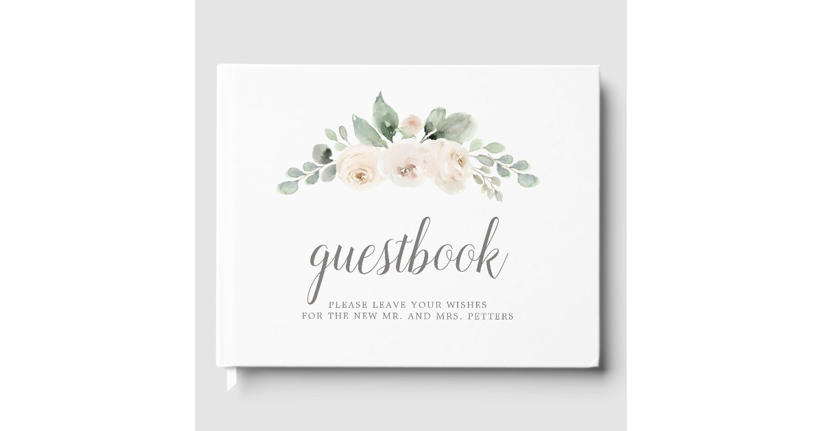 Botanical White Rose Floral Wedding Guest Book | Zazzle
